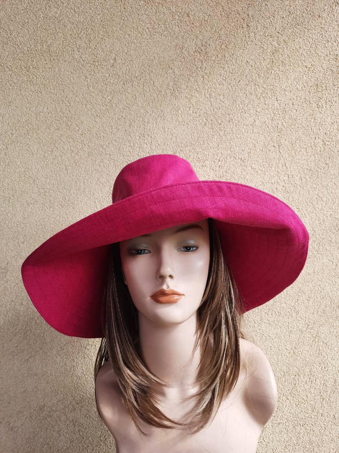 Women's Pink Linen Sun Hat Panama, Deep Pink Summer Hat, Women's Linen ...