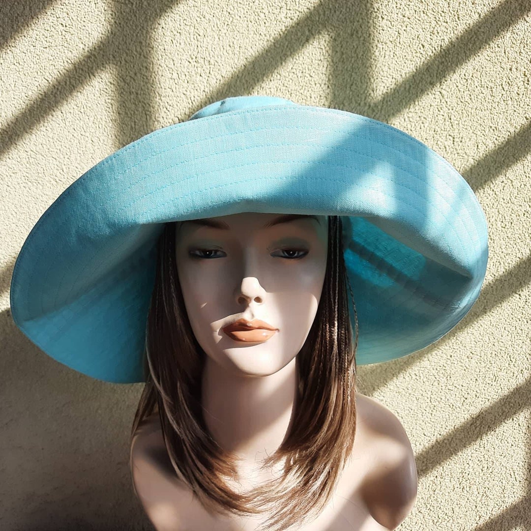 Women's Light Blue Linen Sun Hat With Wide Brim, Summer Linen Hat, Sky ...