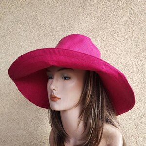 Women's Pink Linen Sun Hat Panama, Deep Pink Summer Hat, Women's Linen ...
