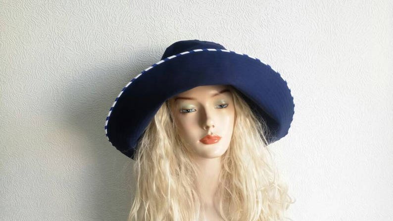 Women's Navy Blue Cotton Sun Hat With Wide Brim Cotton | Etsy