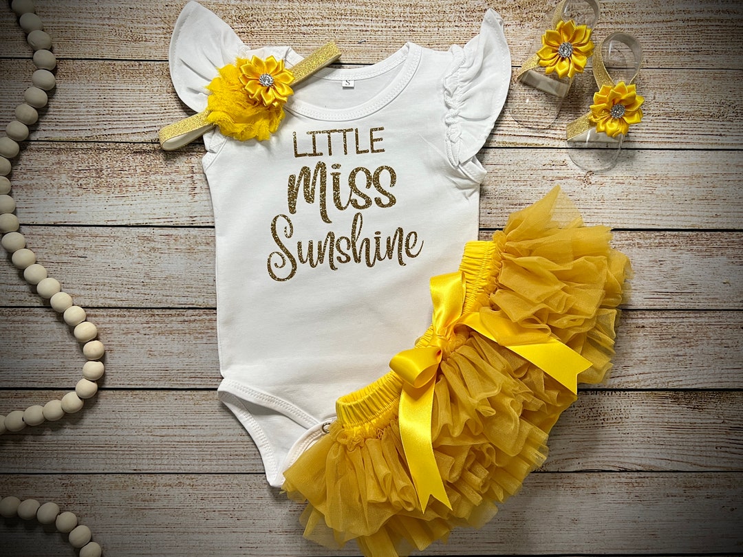 Baby Girl Little Miss Sunshine Outfit: Gold Glitter Bodysuit, Mustard ...