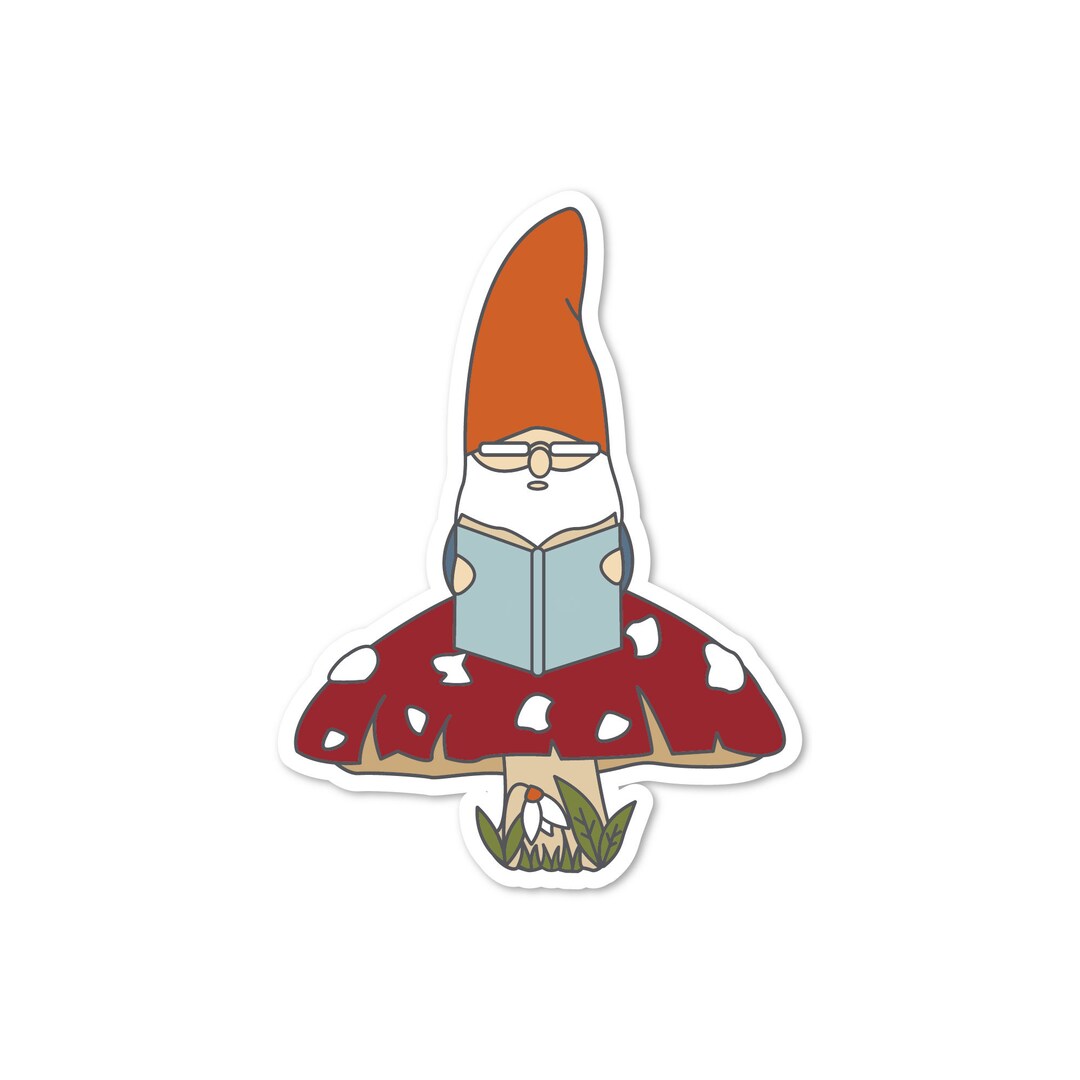 Gnome Vinyl Sticker, Garden Gnome, Gnome Reading on a Mushroom, Autumn ...