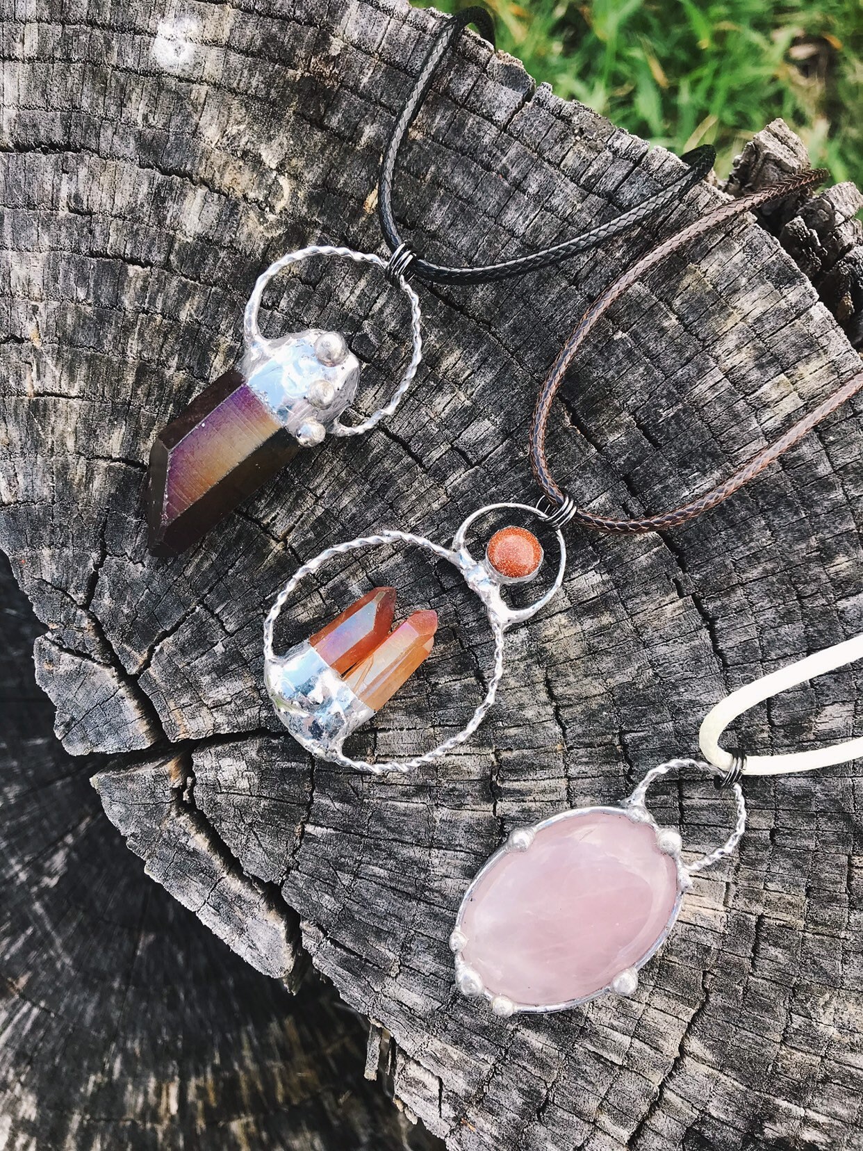 ROSE QUARTZ SOLDER Pendant Necklace With Studs | Crystal Metal Lead ...