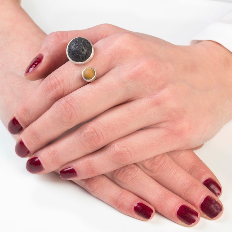 Silver Black Lava Rock Ring Lava Ring Natural Tiger's | Etsy