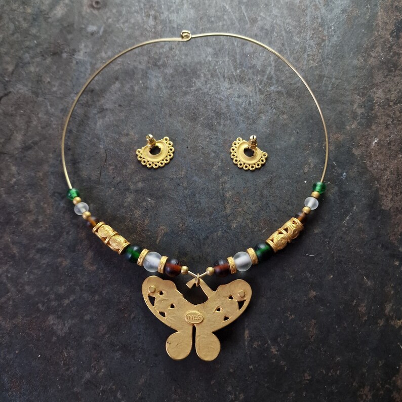 Rare Pre-columbian Replica INCA Jewelry Set Glass 24K Gold Plated Chain ...