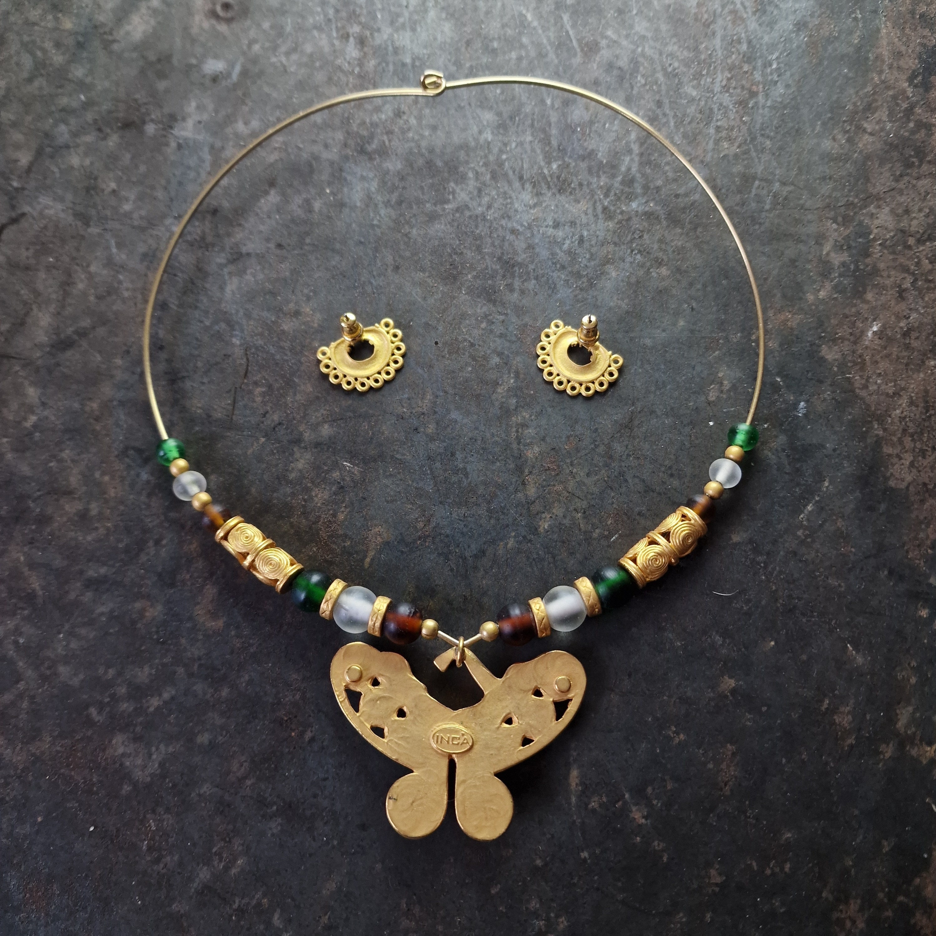 Rare Pre-columbian Replica INCA Jewelry Set Glass 24K Gold Plated Chain ...