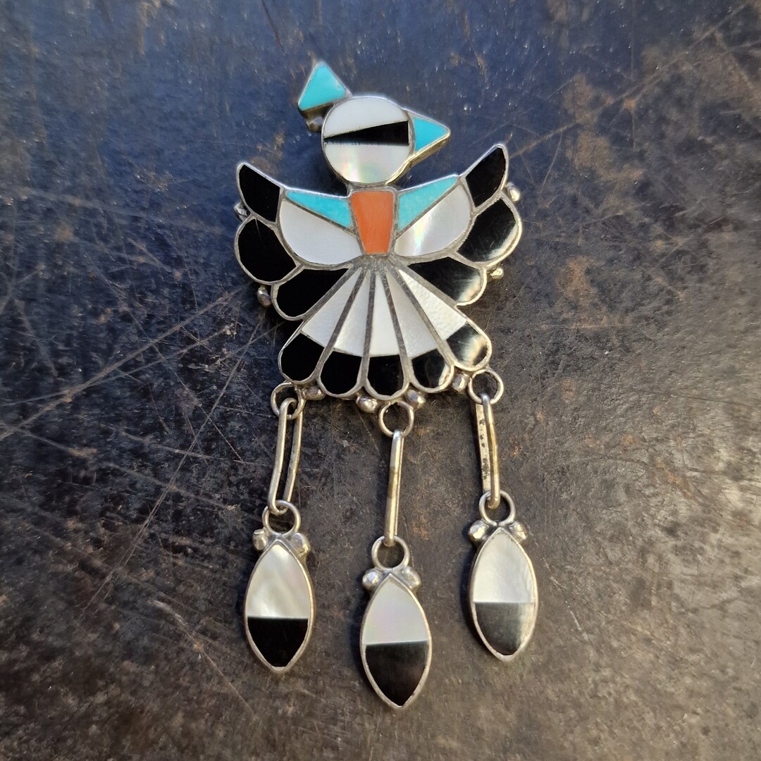 Native American Zuni Dishta Sterling Silver Onyx Shell Thunderbird Pin ...