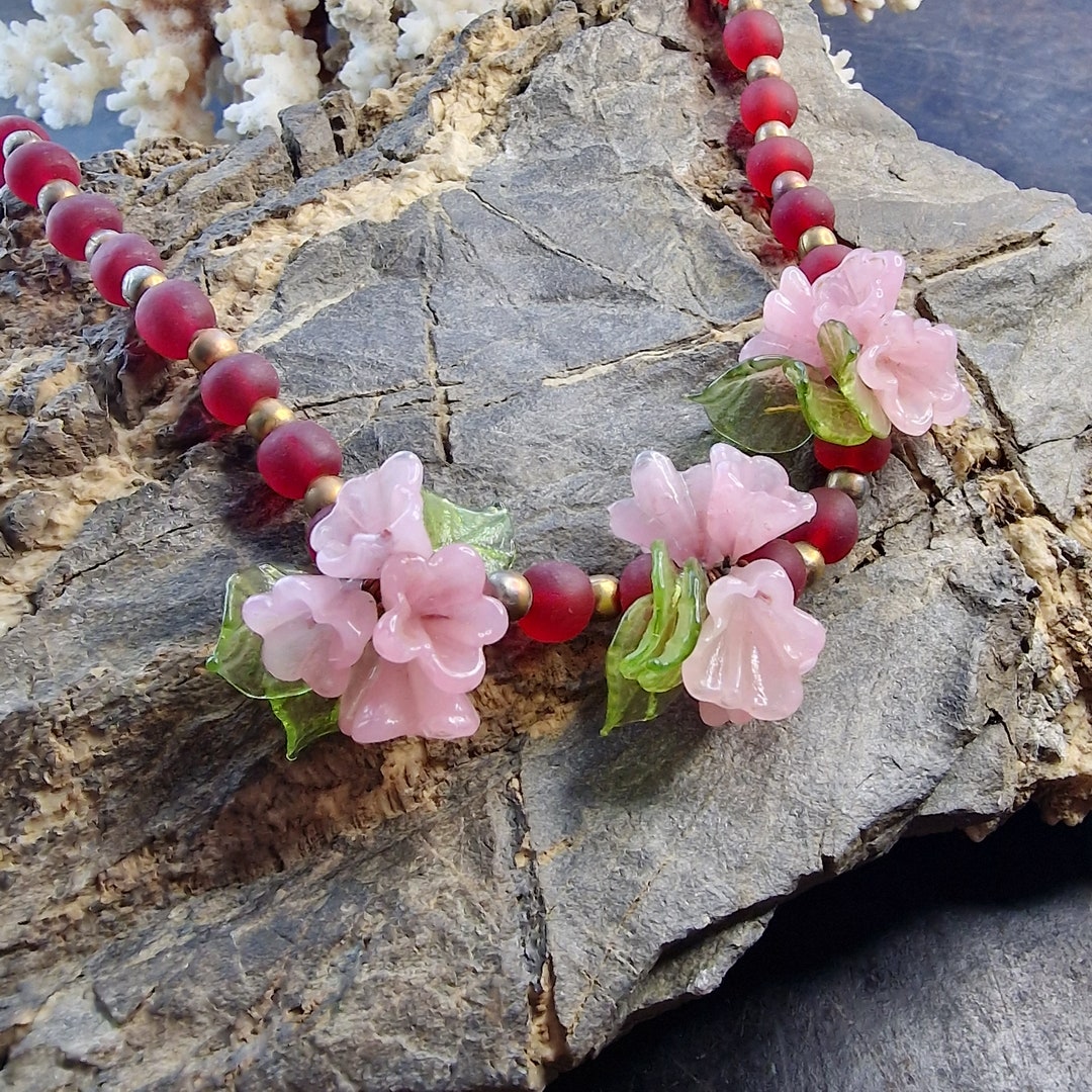Vintage Murano, Venetian Red Glass Beaded Necklace, Blossoms, Flowers ...
