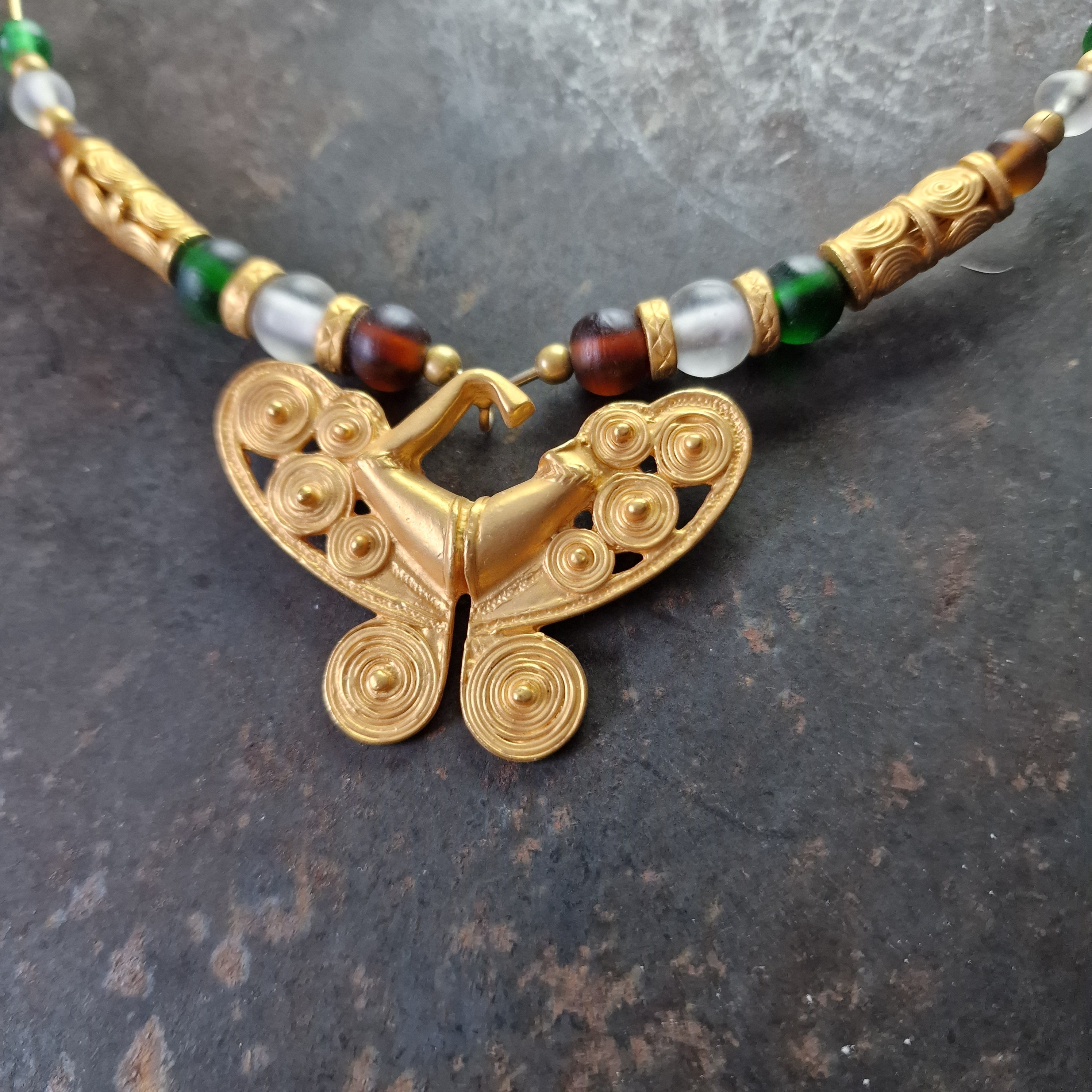 Rare Pre-columbian Replica INCA Jewelry Set Glass 24K Gold Plated Chain ...