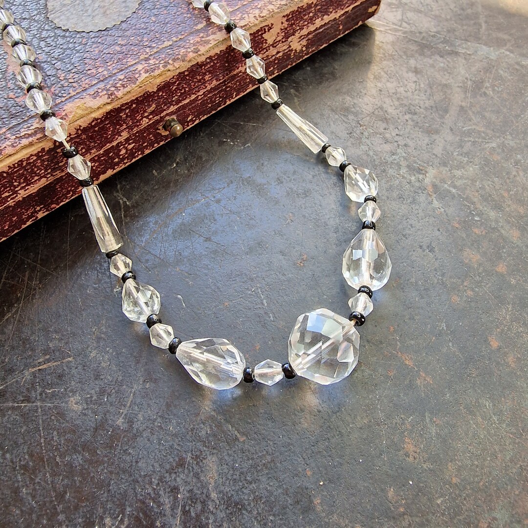 Art Nouveau 1920's Glass Necklace Black, White Ground Ball Cut Glass ...