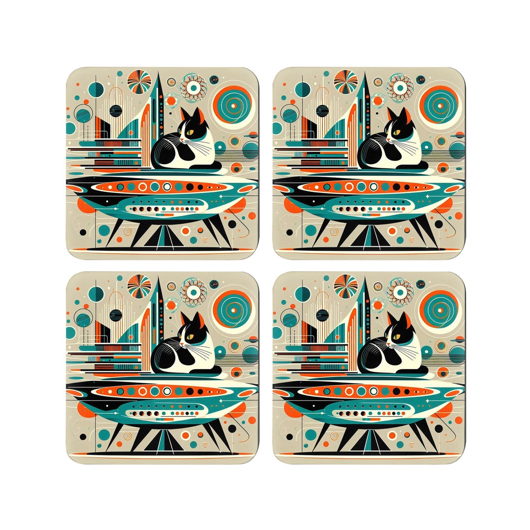 Mid Century Modern Atomic Cat Retro Print Coaster Set of 4. Funky MCM ...