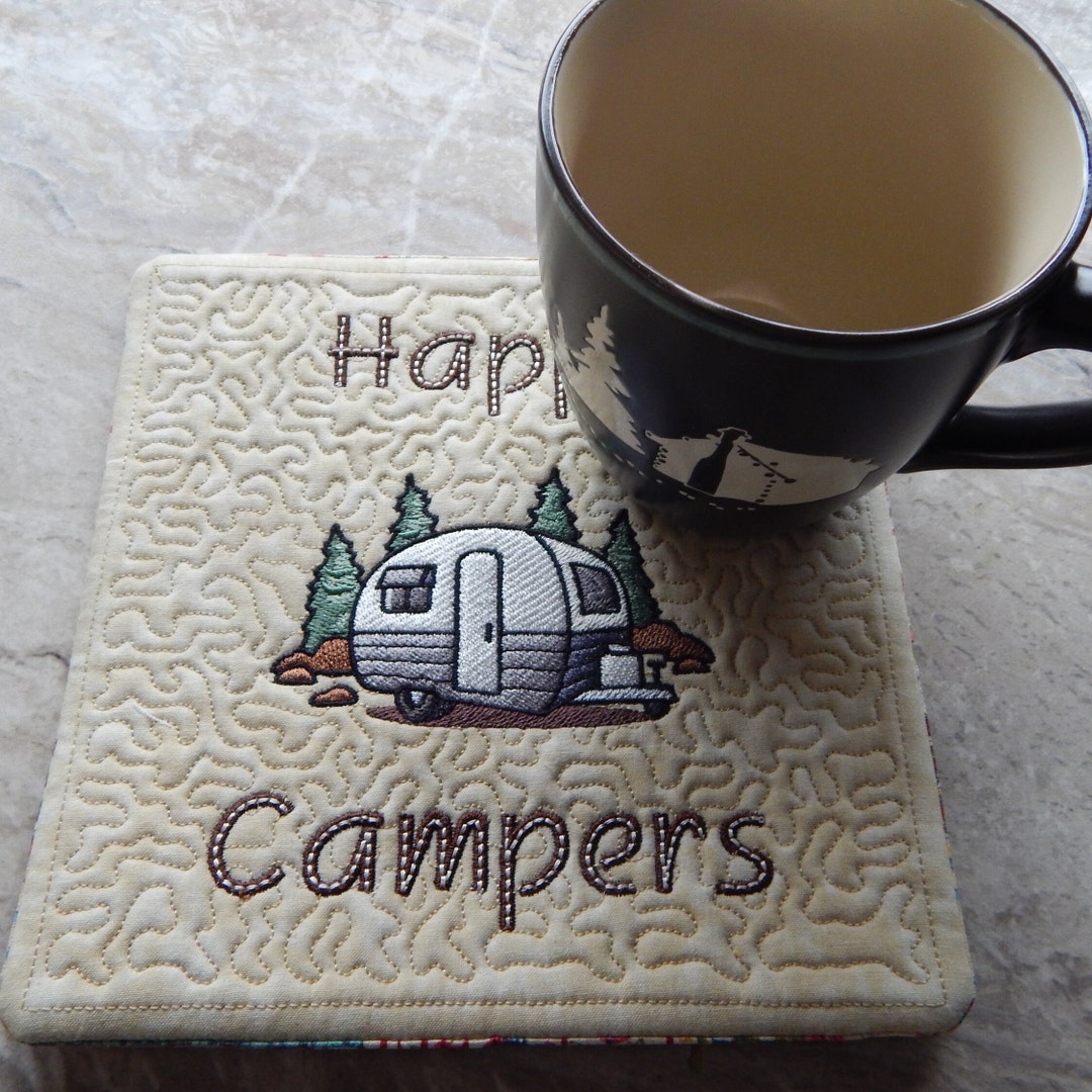 Happy Campers Camper Scene Mug Rug, Approx. 7.5x 7.5, Machine ...