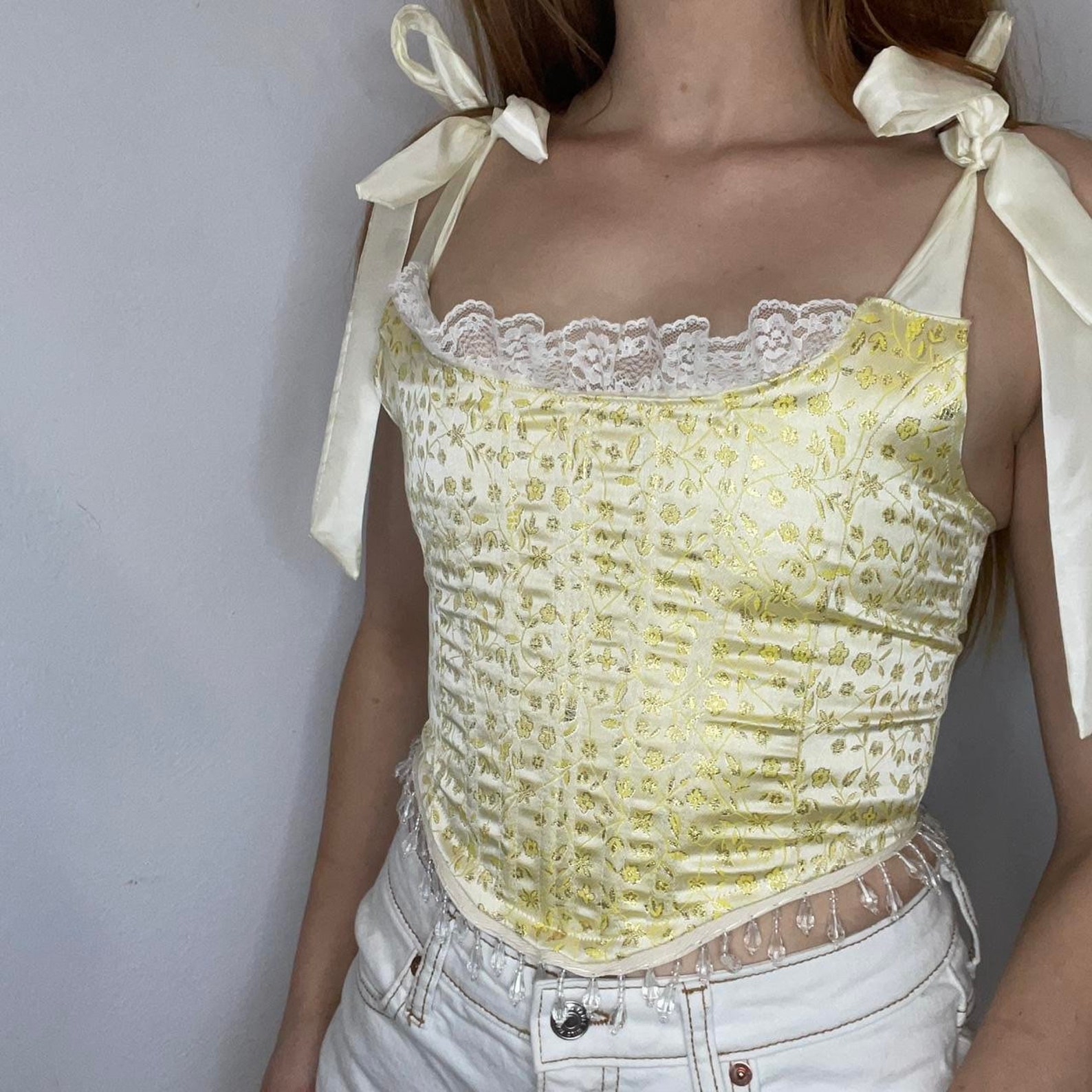 Handmade Yellow Floral Corset Top: Regencycore Jacquard Stay - Etsy