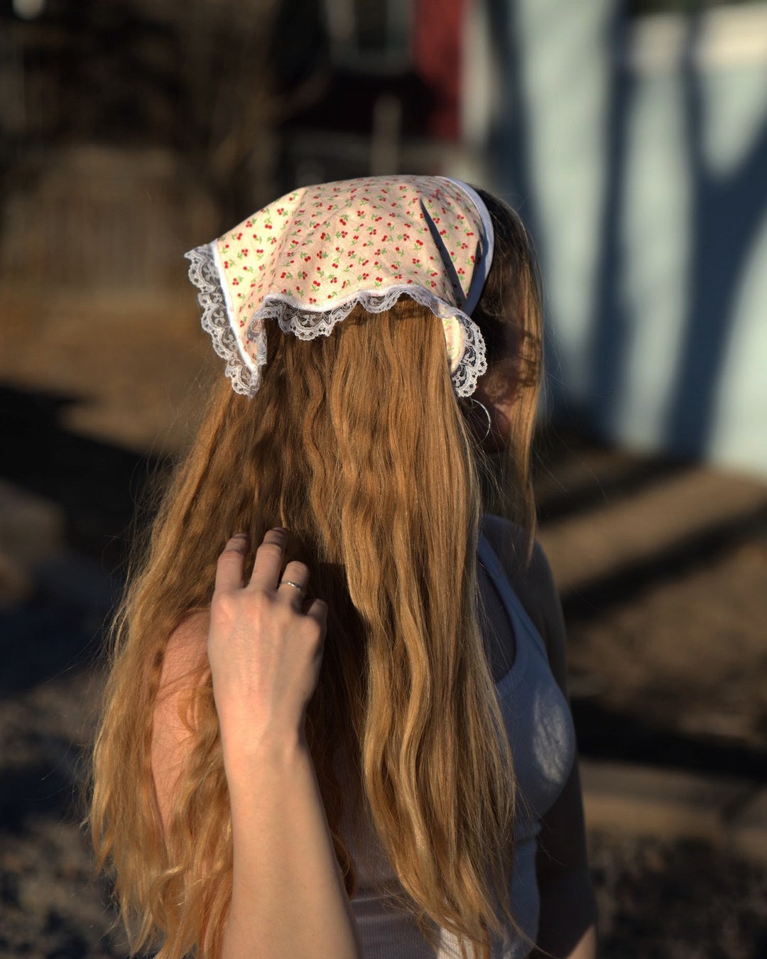 Cottagecore Headscarf, Cherry Print, Lace Cottagecore Bandana, Hair ...