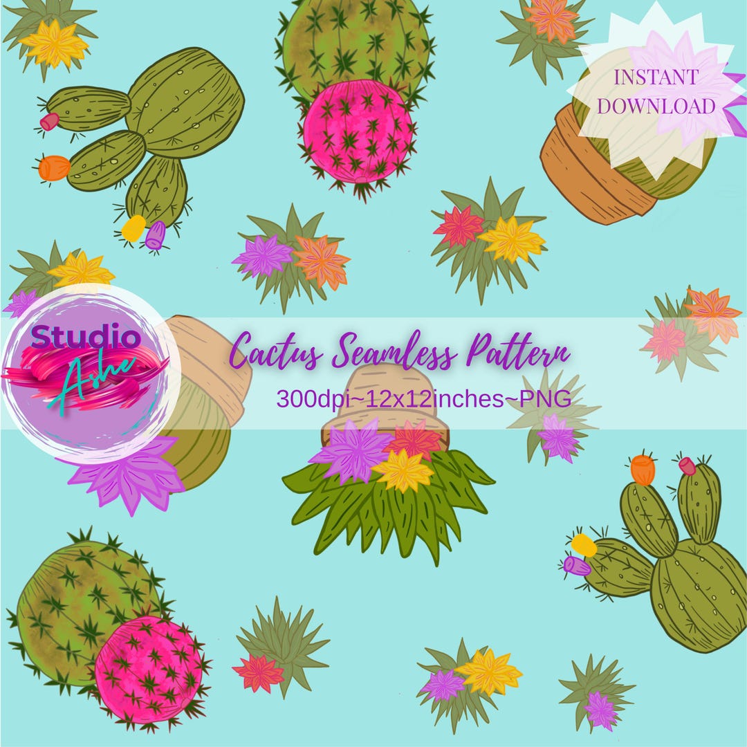 Bright Blue Cactus Seamless Pattern Floral Desert Digital Paper Cactus ...