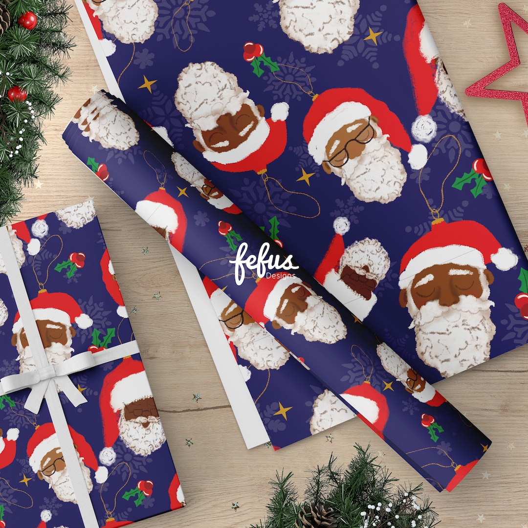 Black Santa Christmas Wrapping Paper, Brown Santa Gift Wrap, Eco ...