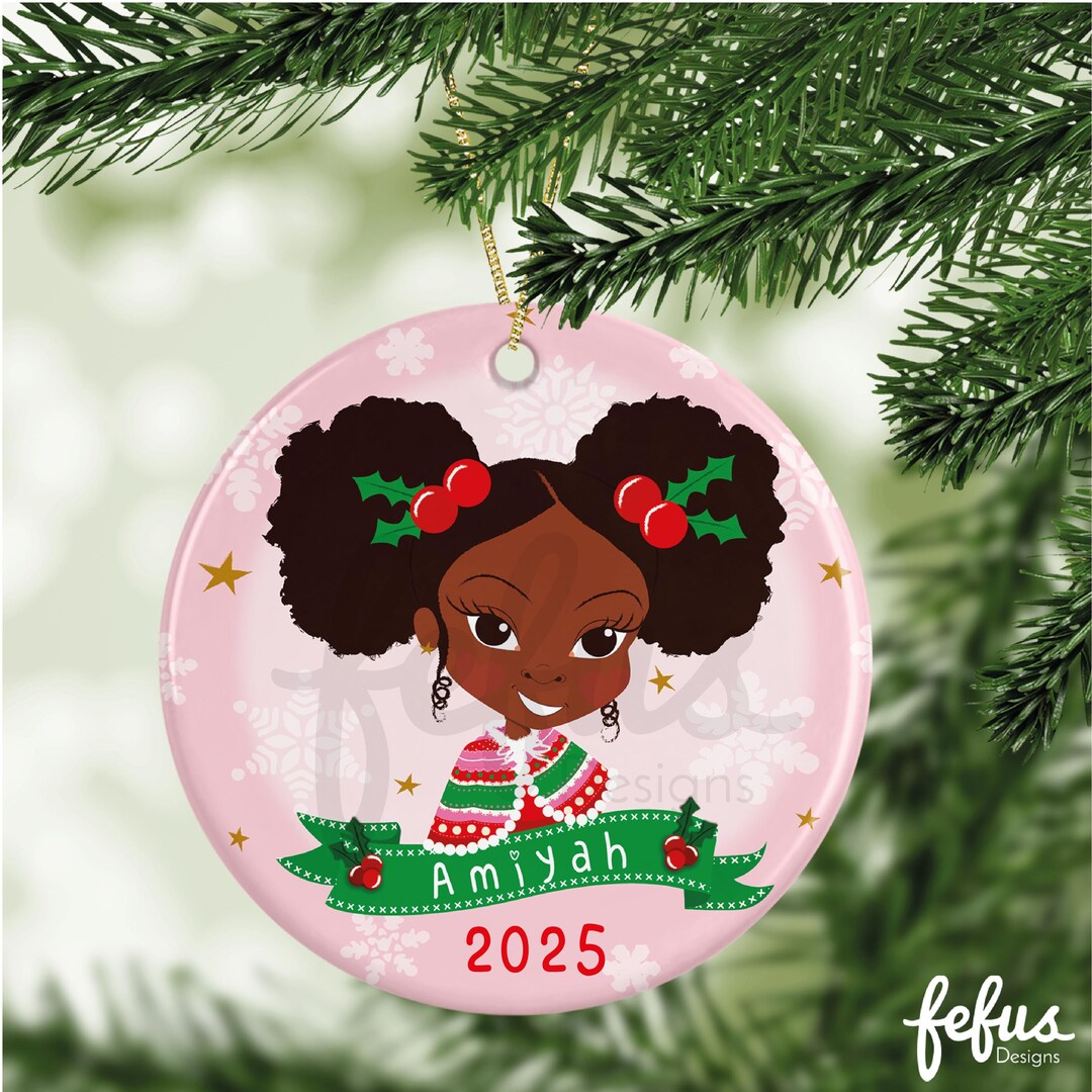 Personalised Black Girl Christmas Bauble, Kids Ceramic Ornament, Custom ...