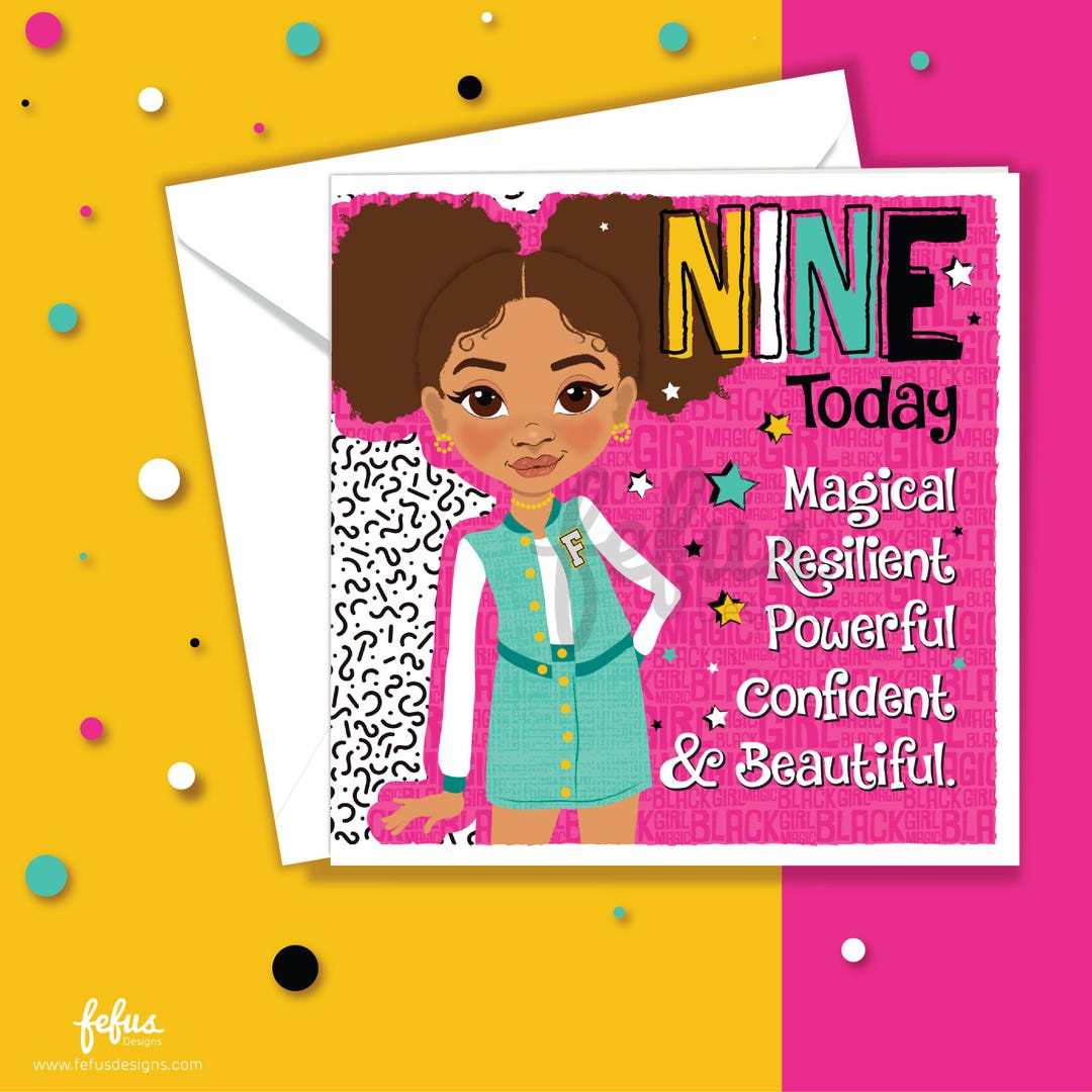9th Birthday Card for Girls, Nine Today Mixed Race Afro Puffs ...