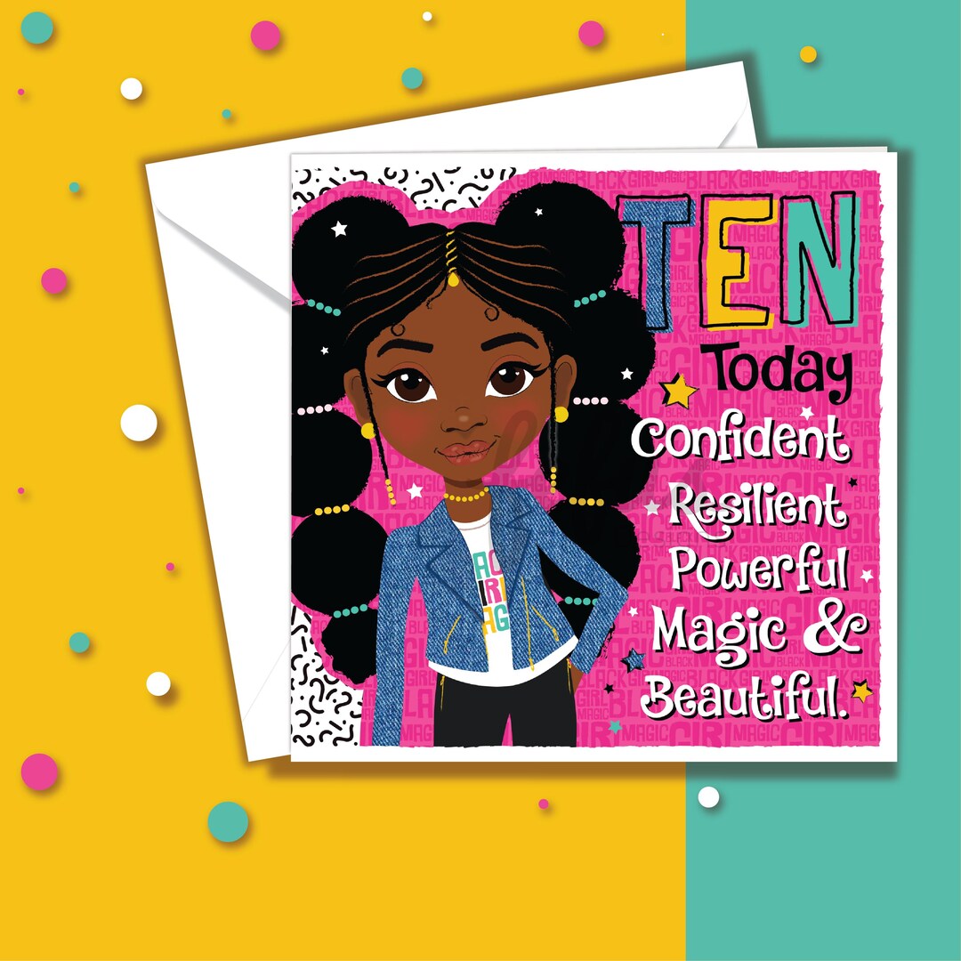 10th Birthday Card for Black & Brown Girls, Ten Today Pink Affirmation ...
