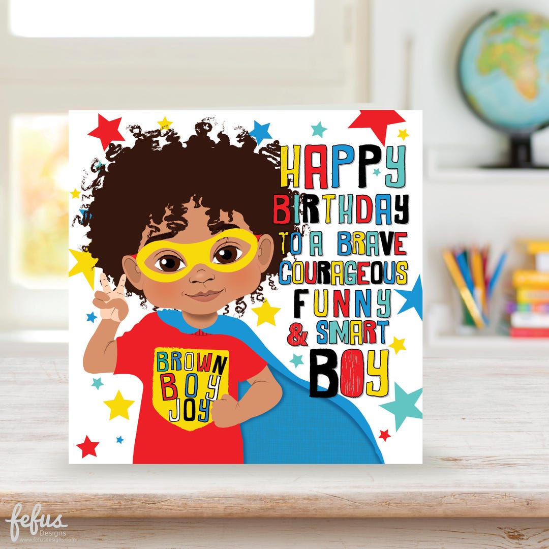 Superhero Mixed-race Boys Birthday Card - Hand-drawn Greeting Cards for ...
