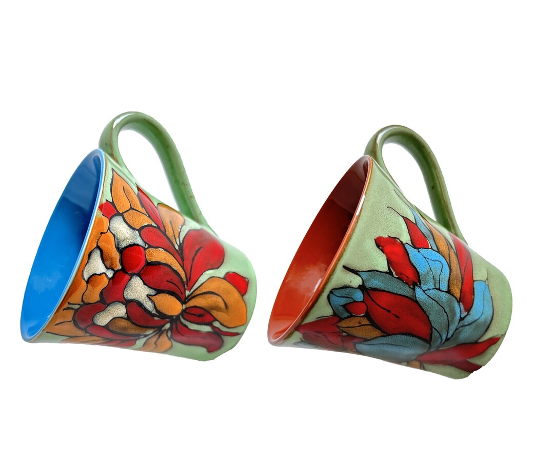 Vintage Coffee Mugs Set/2 Green W/ Muted Fall Colors, Blue & Burnt Red ...