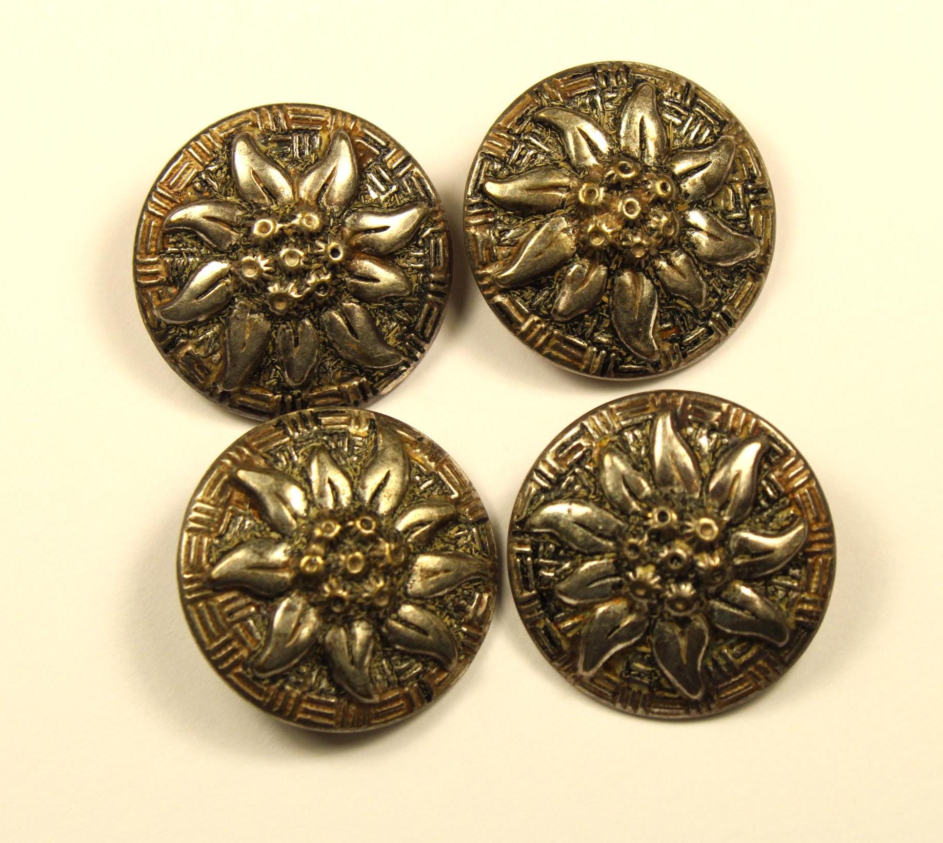 4 Antique GESCH Buttons Raised Silver Sunflower Button Brass Shank Back ...