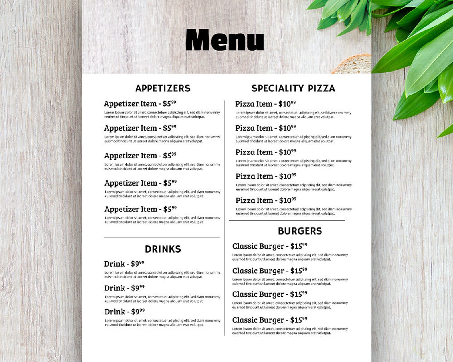 Restaurant Menu - Instant Digital Download, Menu File Ai, Food Menu ...