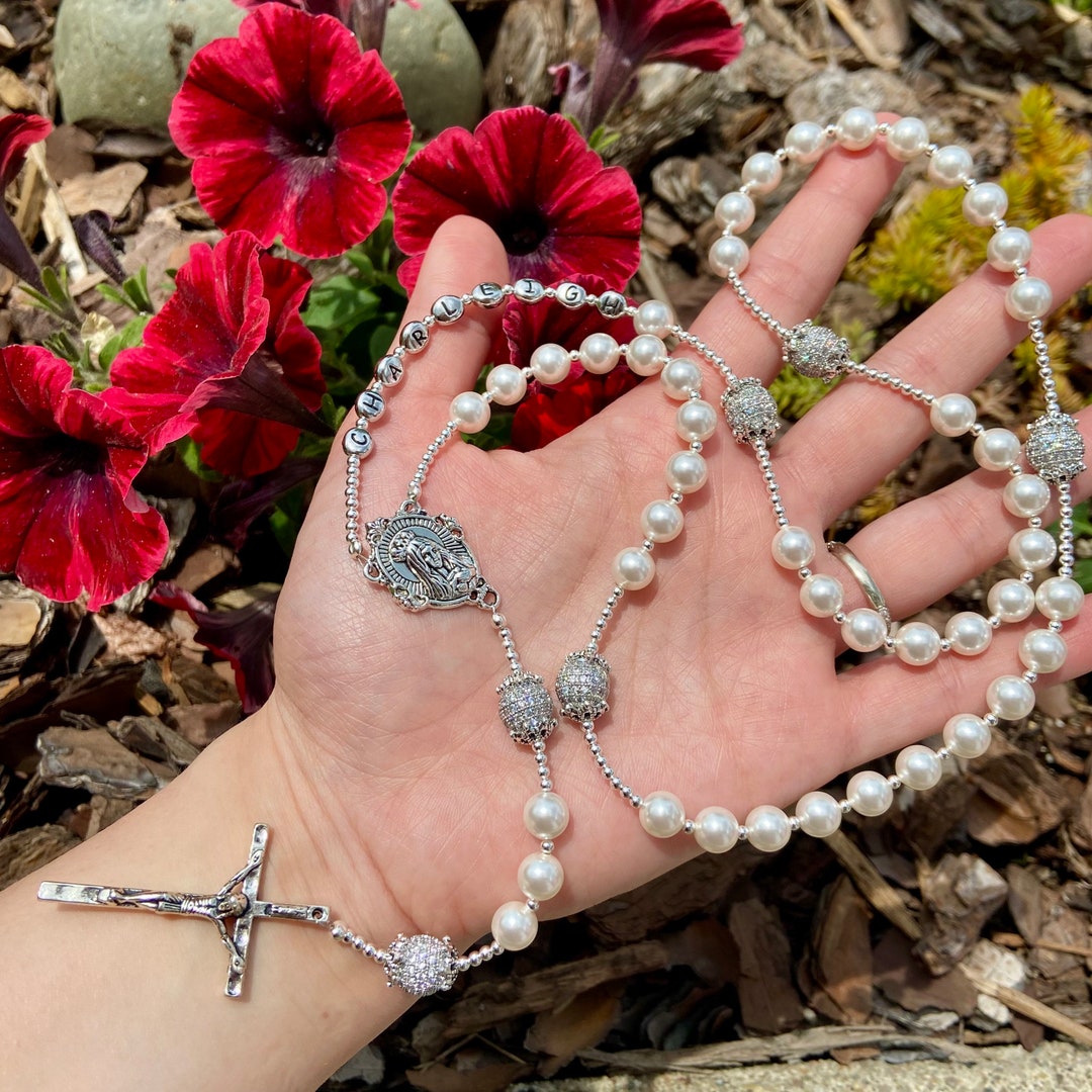 Modern Silver Rosary, Swarovski Crystal White Pearl, Cz Pave Crystal ...