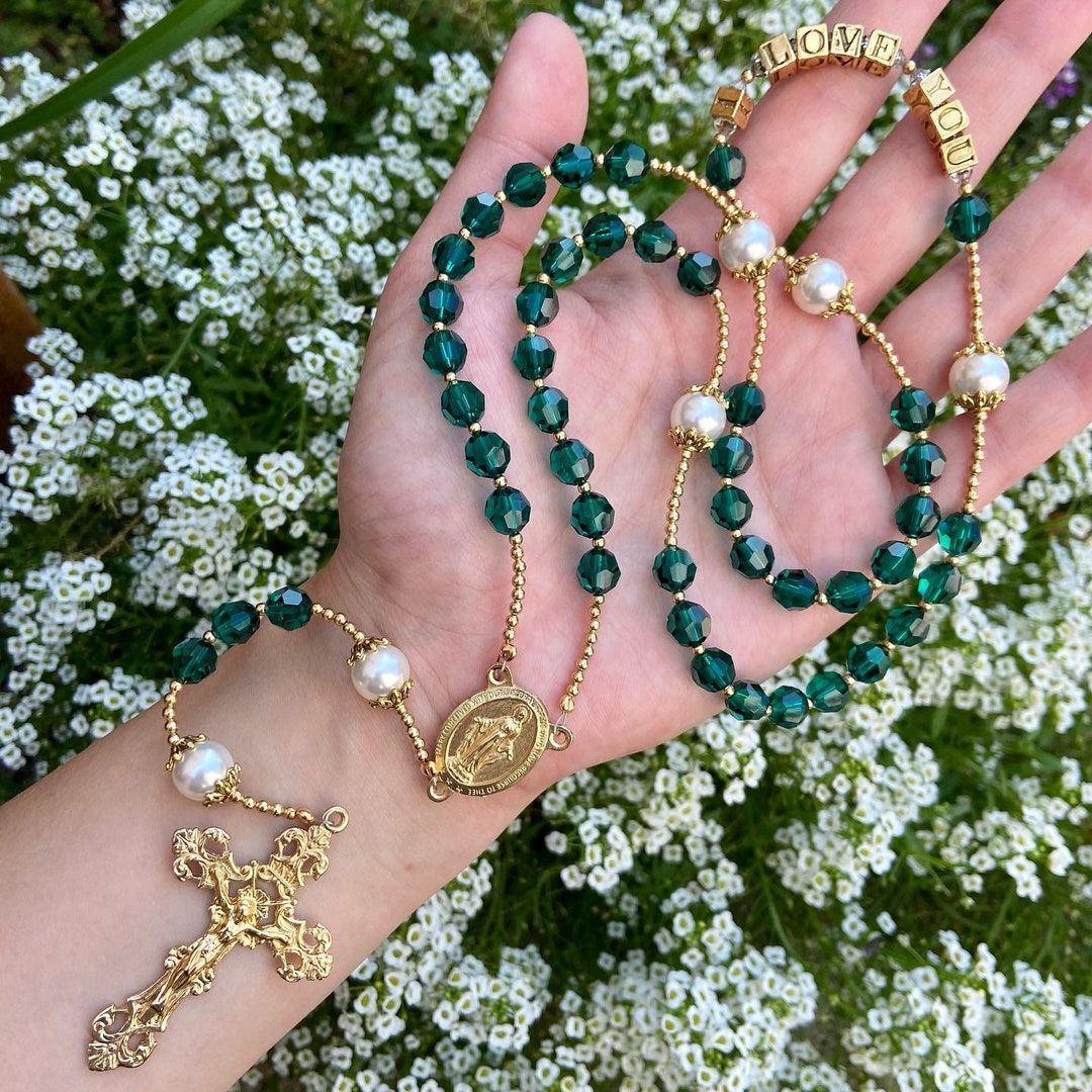 Emerald Austrian Crystal Rosary, White Austrian Pearl, May Green ...