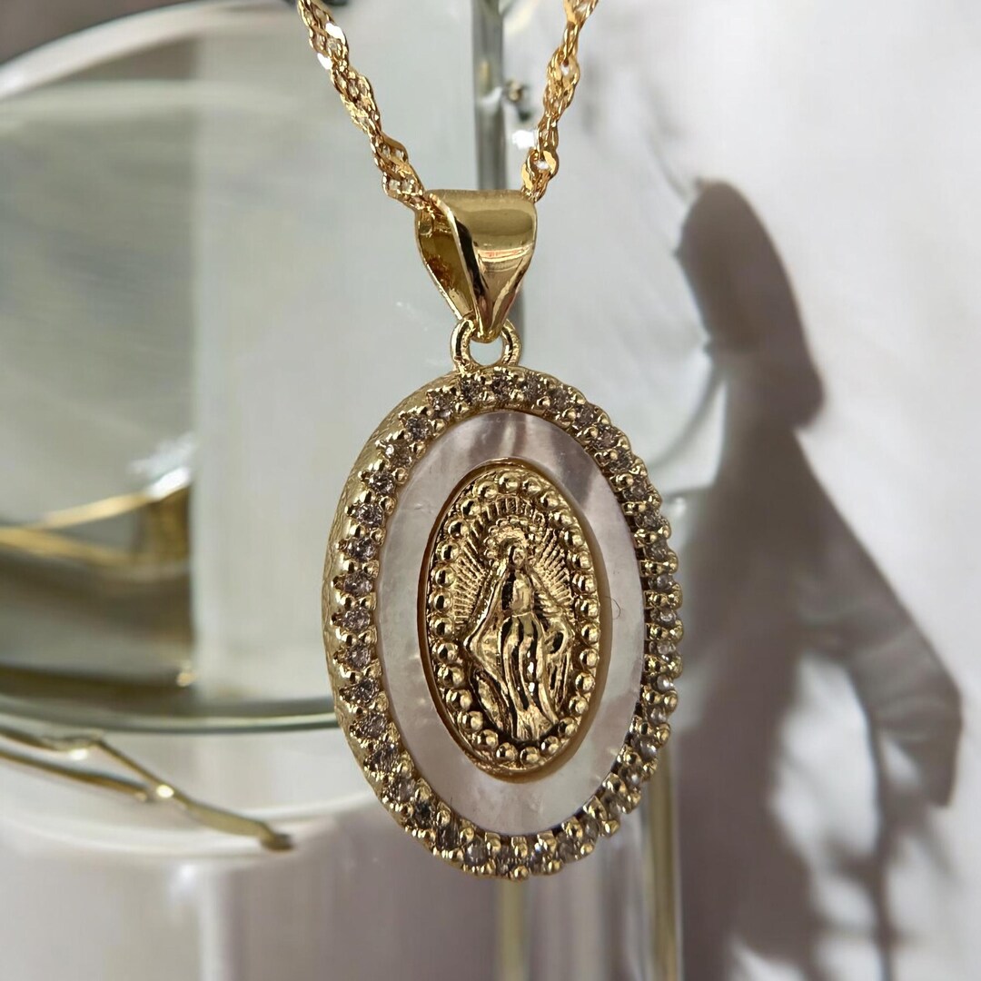 Gemma Miraculous Mary 18K Gold Plated Shell Chain Necklace, Religious ...