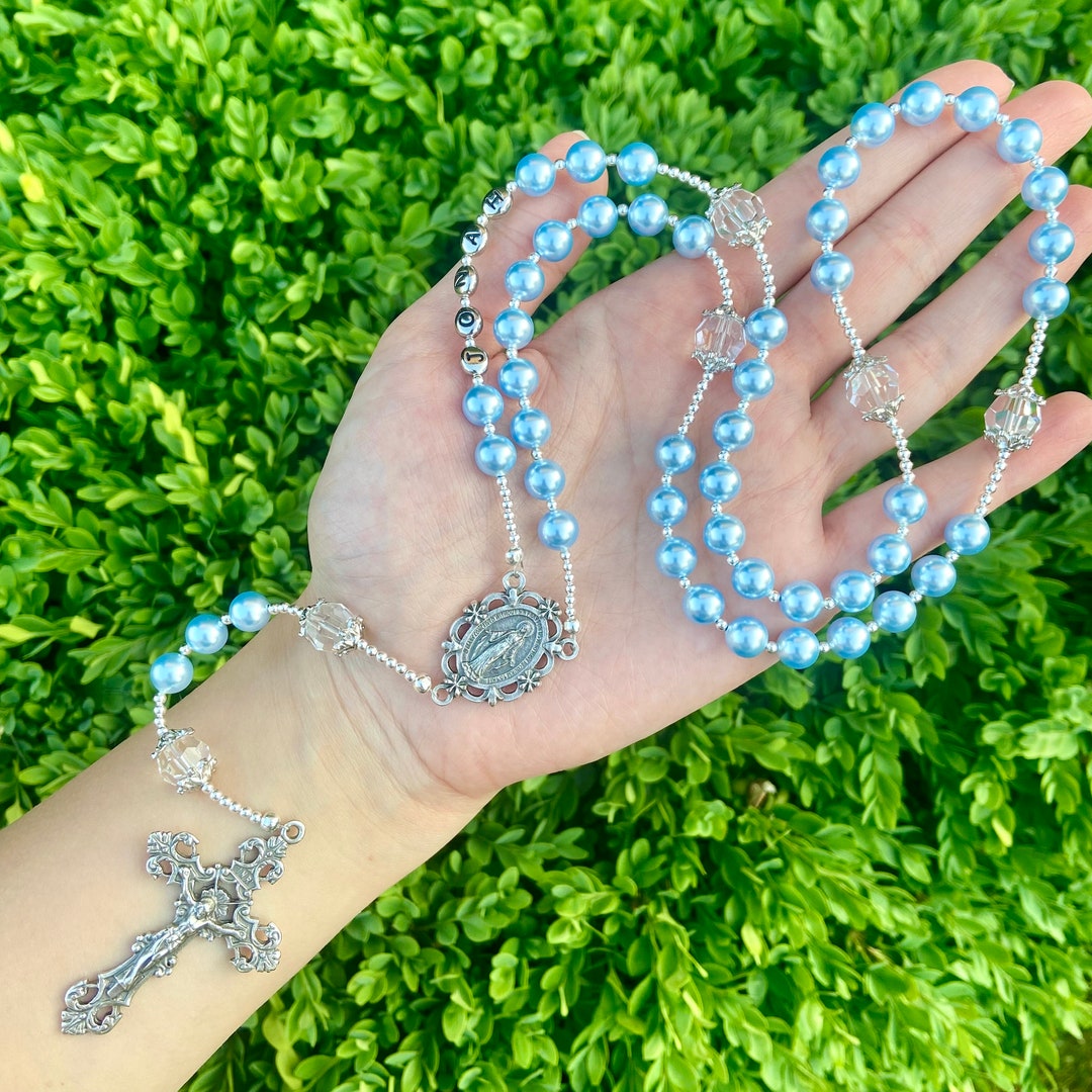 Light Blue Pearl Rosary, Catholic Personalized Gifts, Something Blue ...