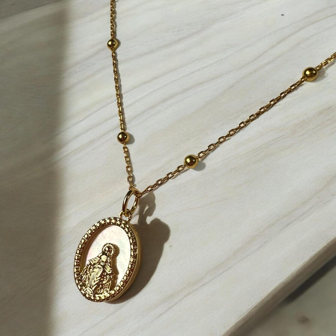 Miraculous Mary 18K Gold Plated Shell Bead Chain Necklace, Religious ...