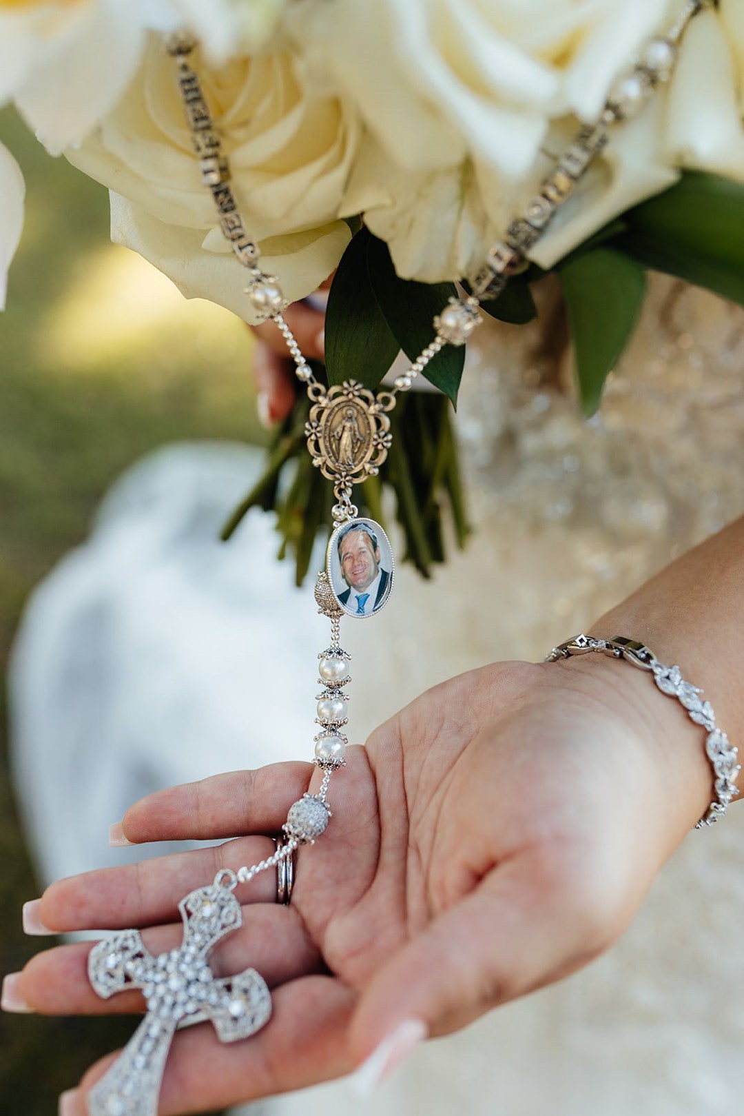 Memorial Keepsake Wedding Rosary, Simple White Austrian Pearl, Catholic ...