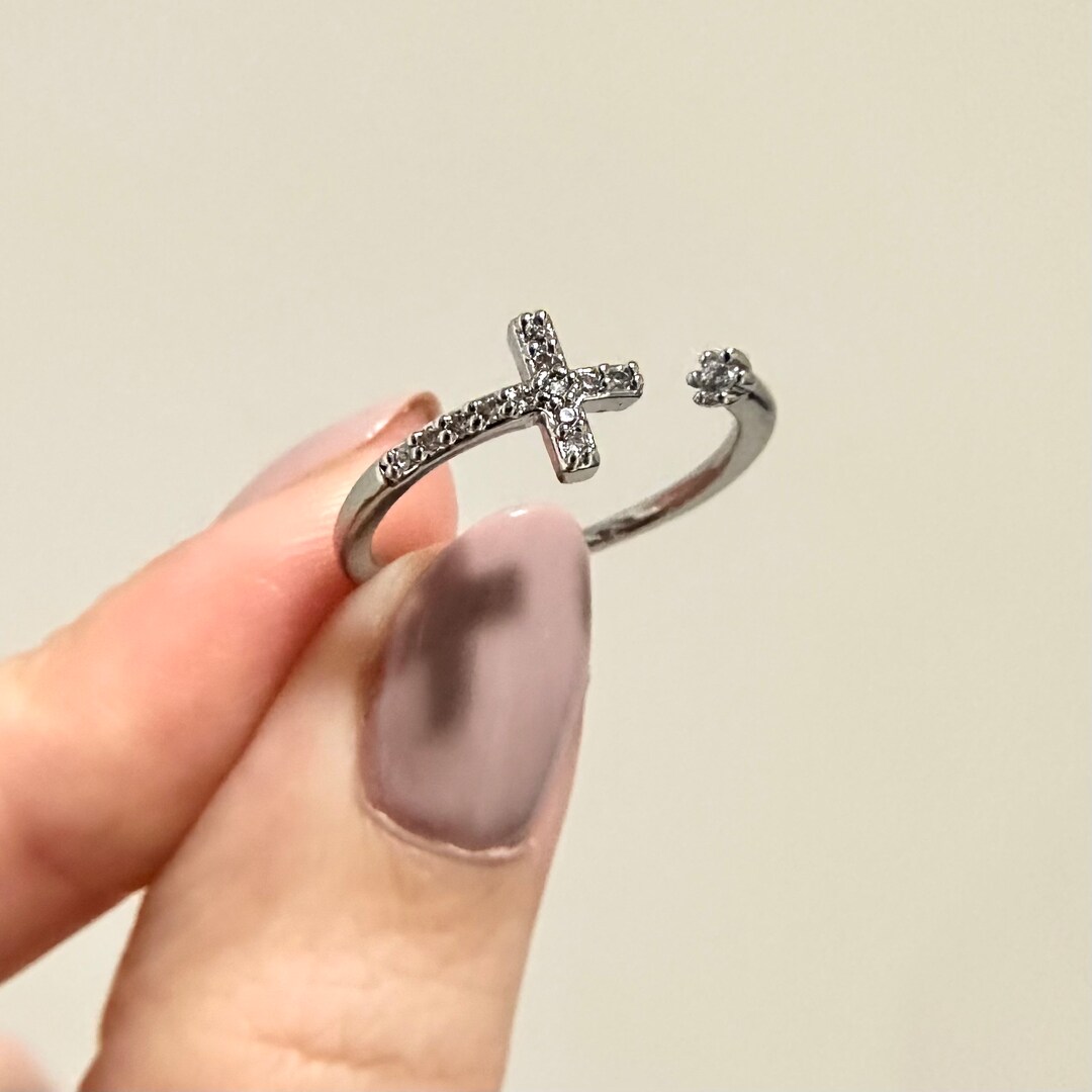 Dainty Micro Pave Cross Open Adjustable Ring, Silver, Adjustable ...