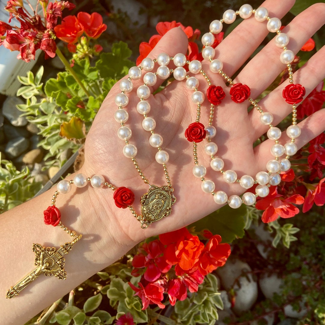 Red Rose White Austrian Pearl Rosary Beads Handmade Gift for Her ...