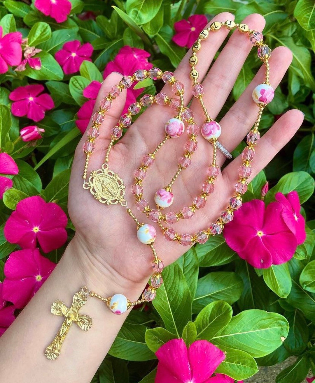 Light Rose Pink Crystal Rosary, Personalized Rosaries, Handmade ...