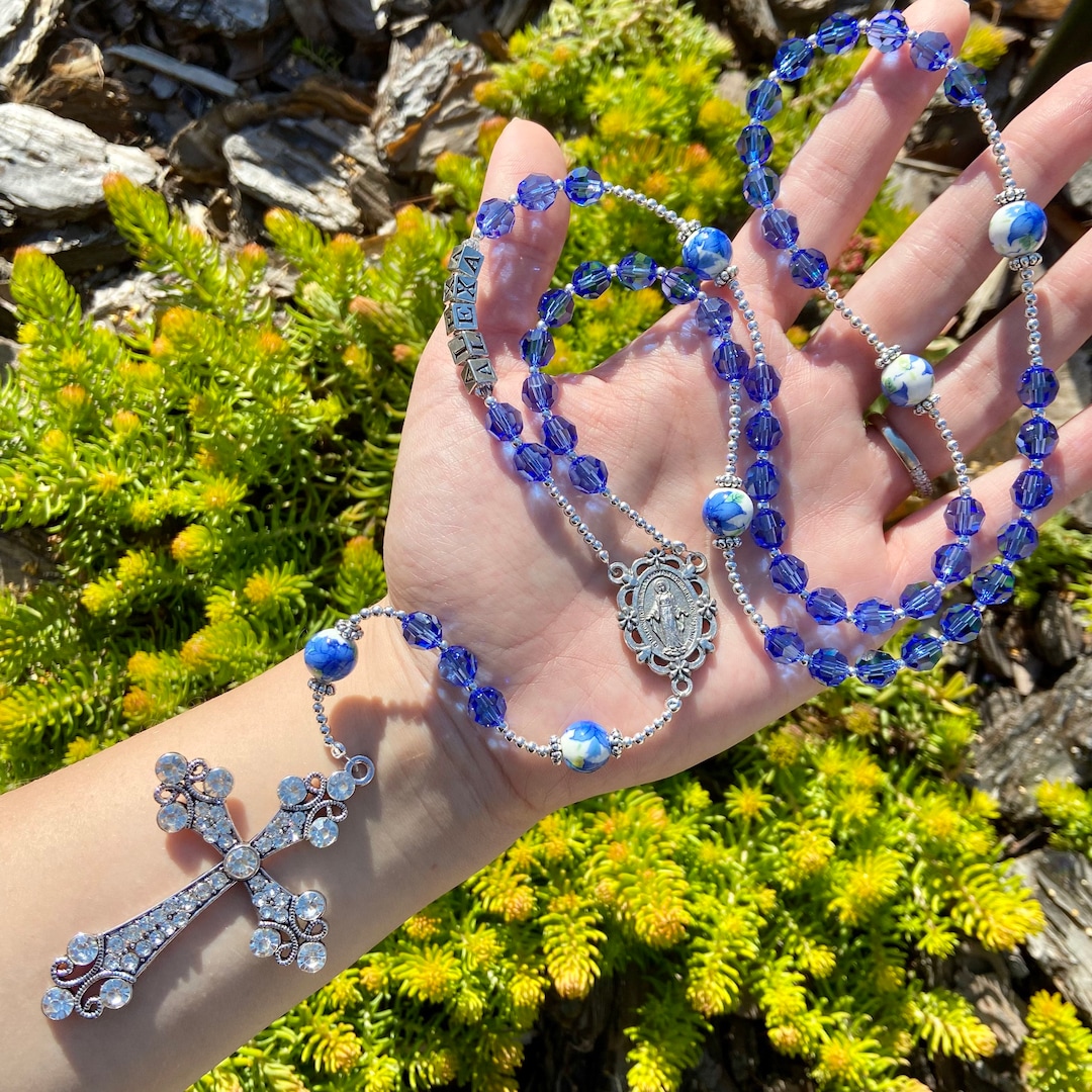 Sapphire Crystal Floral Rosary, September Birthstone Blue Rosary Beads ...