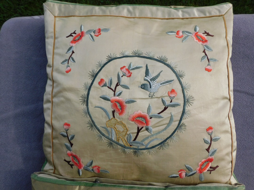 Two Hand Embroidered Chinese Pillows With Bird Design - Etsy