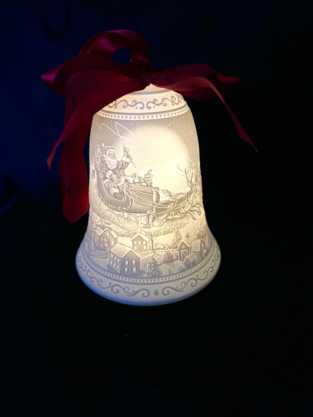 Lighted 3D Carved Porcelain Bisque Bell With Santa Sleigh Scene - Etsy