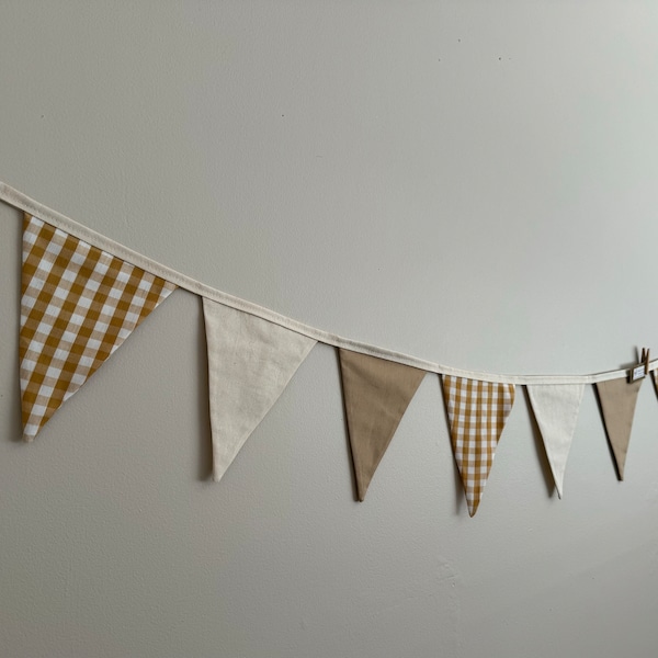 Bunting Neutral Fabric Flags, Cream, Beige, Mustard Check Gingham, Boho ...