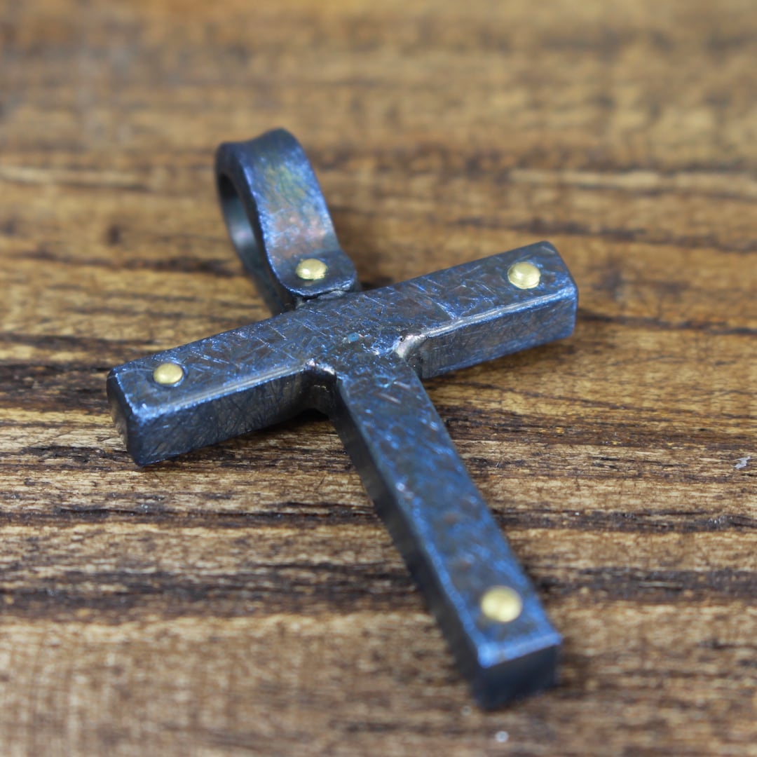 Blue Anodized Titanium Cross Pendant - Bronze Accents, Handmade - Etsy