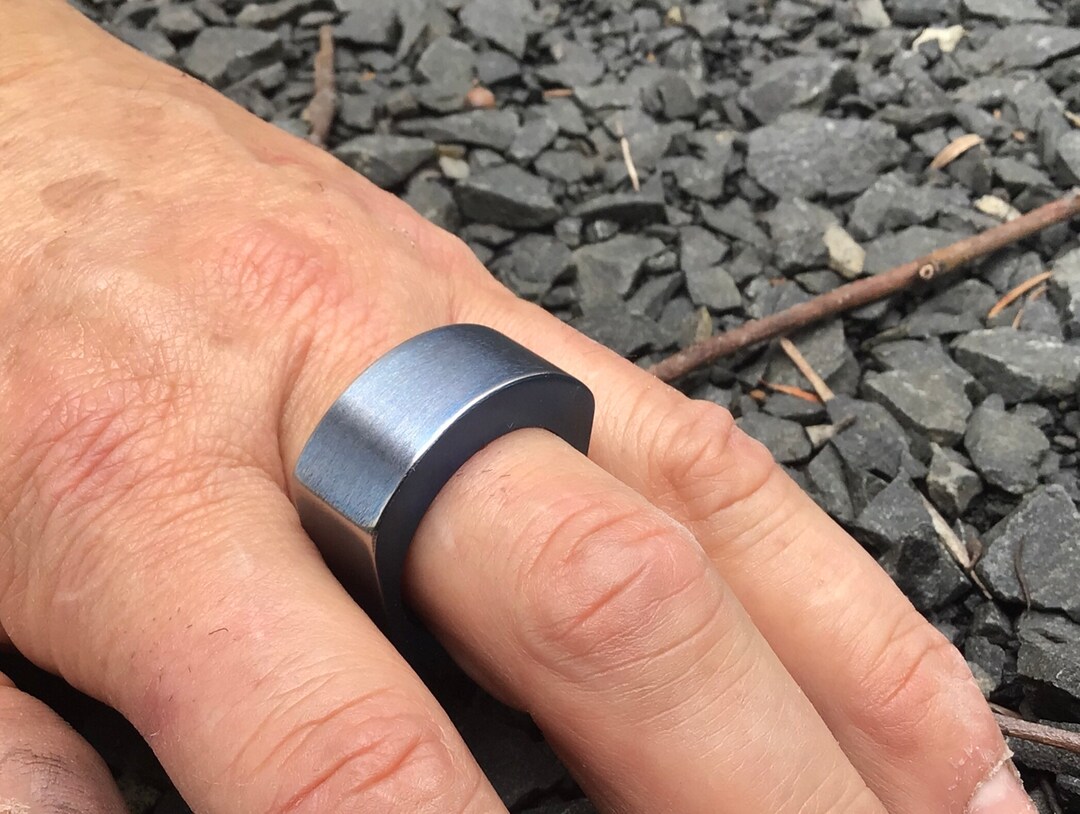 Handmade Blue Titanium Ring: Wide Geometric Band, Modern Statement ...