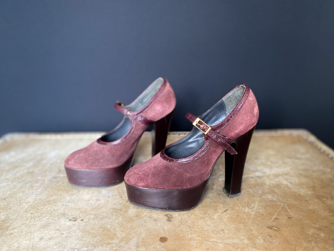 1970s French Vintage Platform Shoes, Burgundy Suede Mary Jane Platforms ...