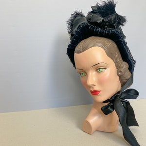 French Late 1800s Mourning Bonnet, Victorian Black Lace and Velvet Hat ...