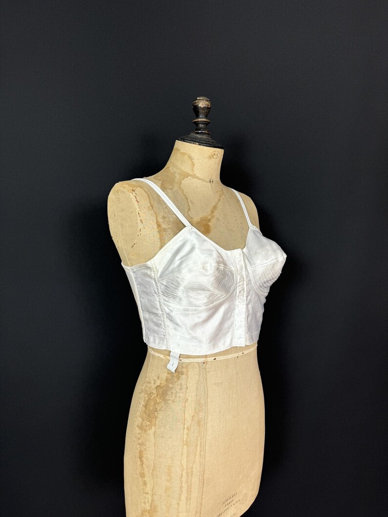 1950s French White Bullet Bra, Satin Bustier Top With Pointed Cups Size ...