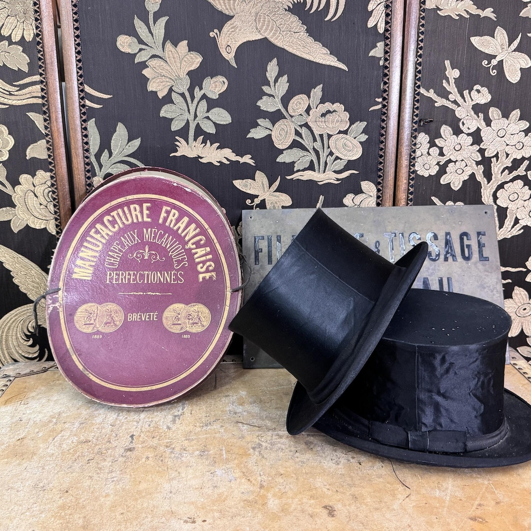 Two Paris 1900s Era Collapsible Top Hats, 2 Black Silk Top Hats + Hat ...