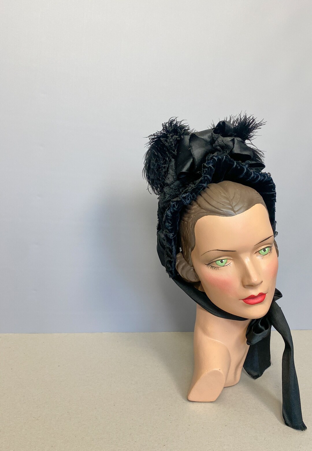 French Late 1800s Mourning Bonnet, Victorian Black Lace and Velvet Hat ...