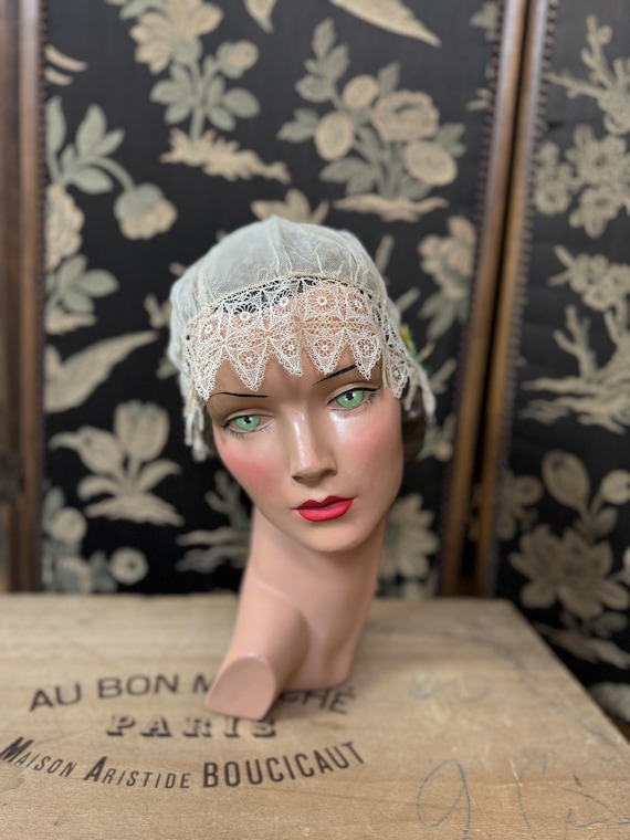 1920s bonnet or cap, French lace Juliet cap, antique … - Gem