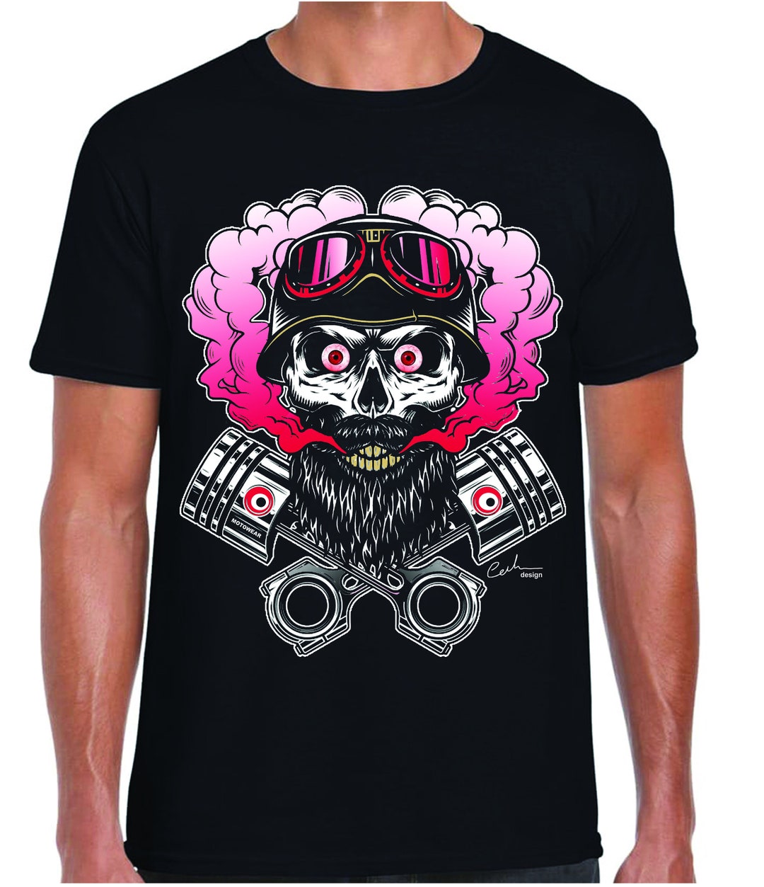 Motorcycle Biker Skull Custom Fire Eater Motowear Design Premium Black ...