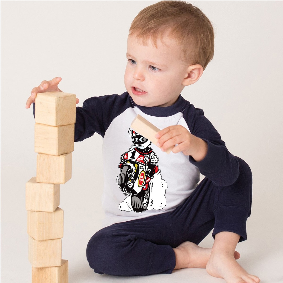 Motorcycle Biker Racing Customise Navy White Pyjamas Baby Toddler Kids ...